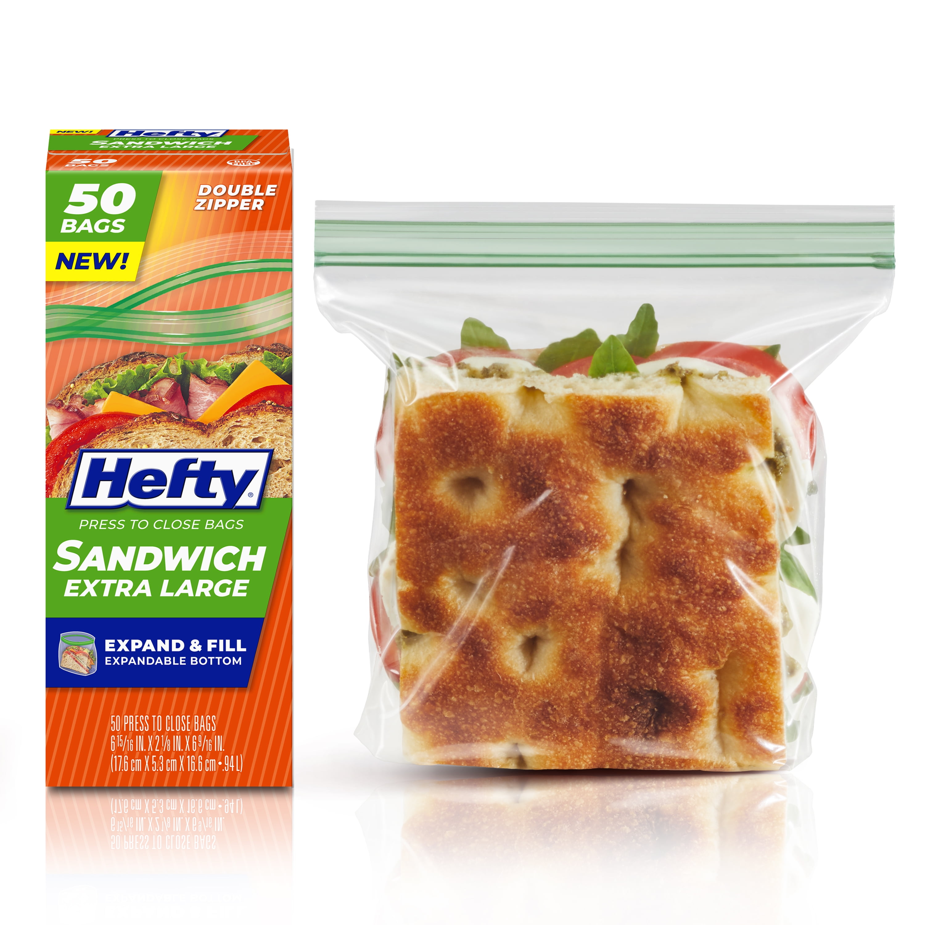 Hefty Press to Close Plastic Bags for Food Storage, XL Sandwich Size ...