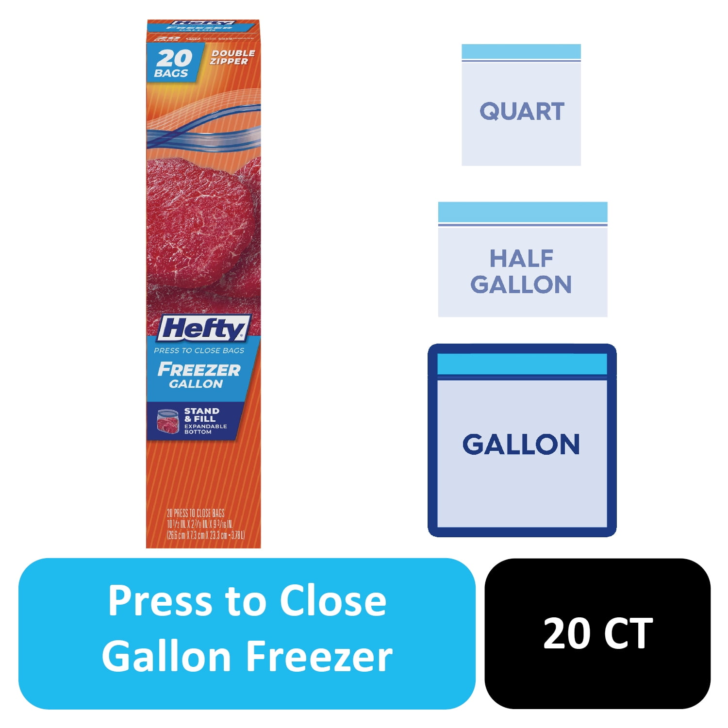 Hefty Press to Close Plastic Freezer Bags, gallon Size, 20 Count ...