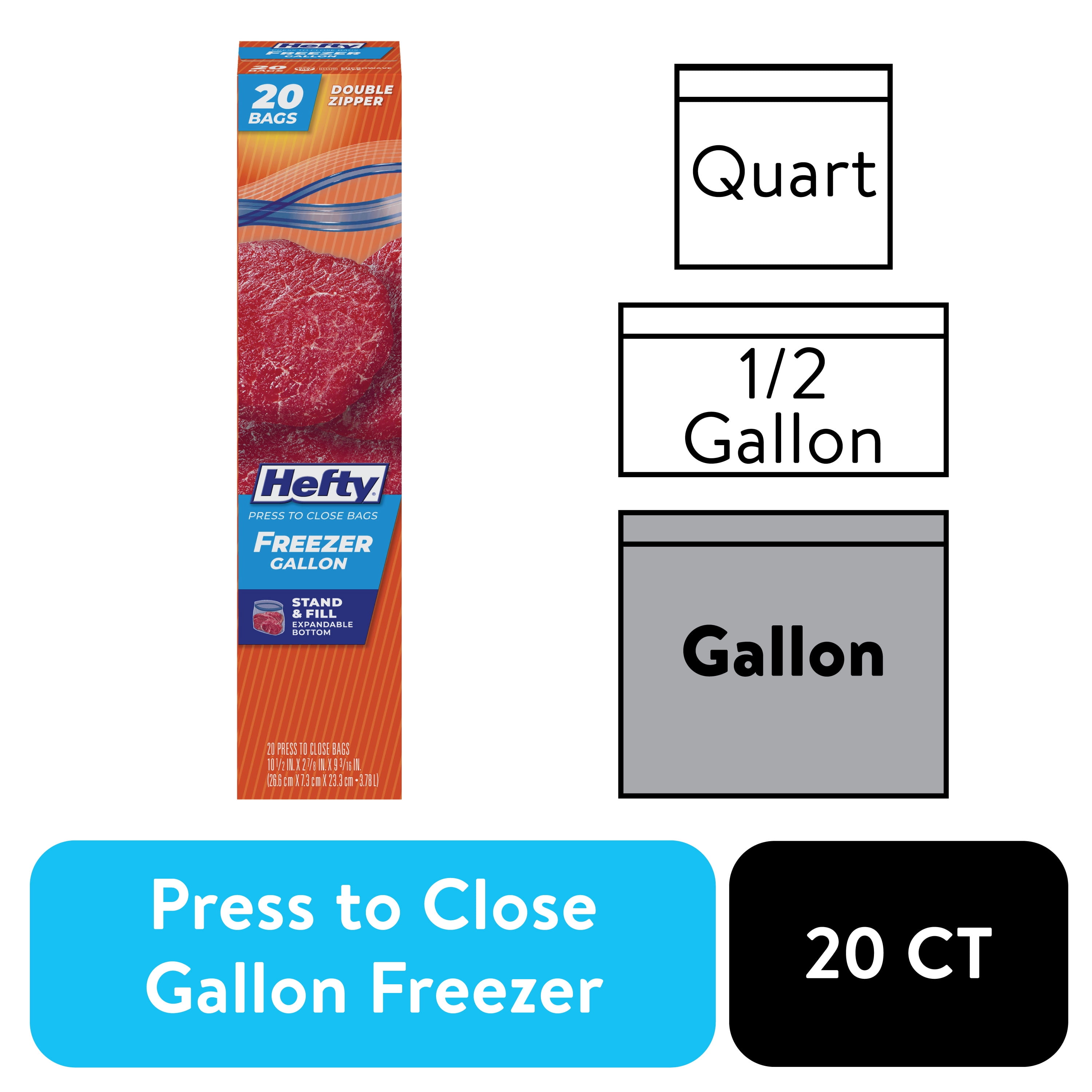 Hefty Press to Close Plastic Freezer Bags, Gallon Size, 20 Count ...