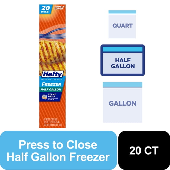 Hefty Press to Close Plastic Freezer Bags, Half Gallon Size, 20 Count ...