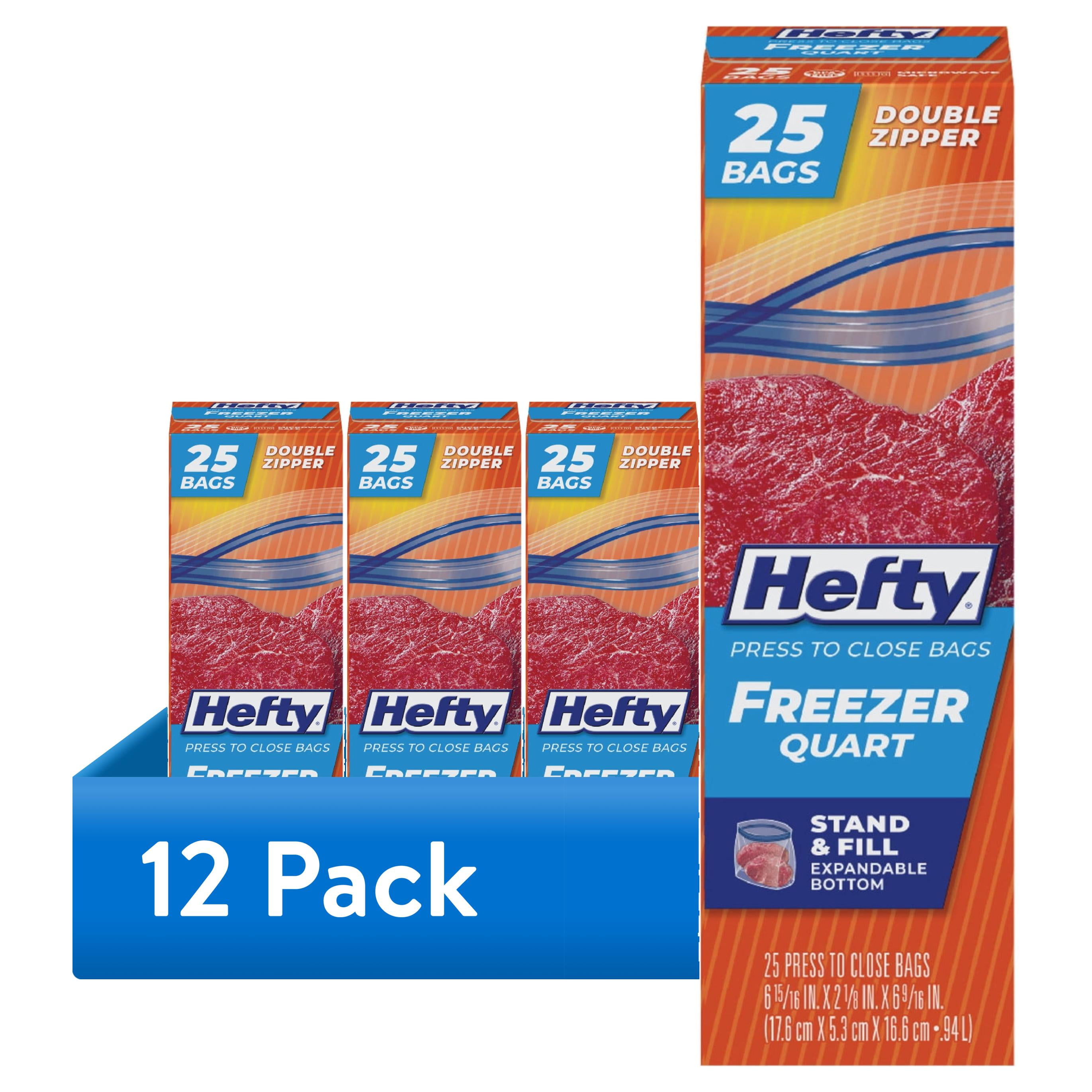 (12 pack) Hefty Press to Close Plastic Freezer Bags, Quart Size, 25 ...