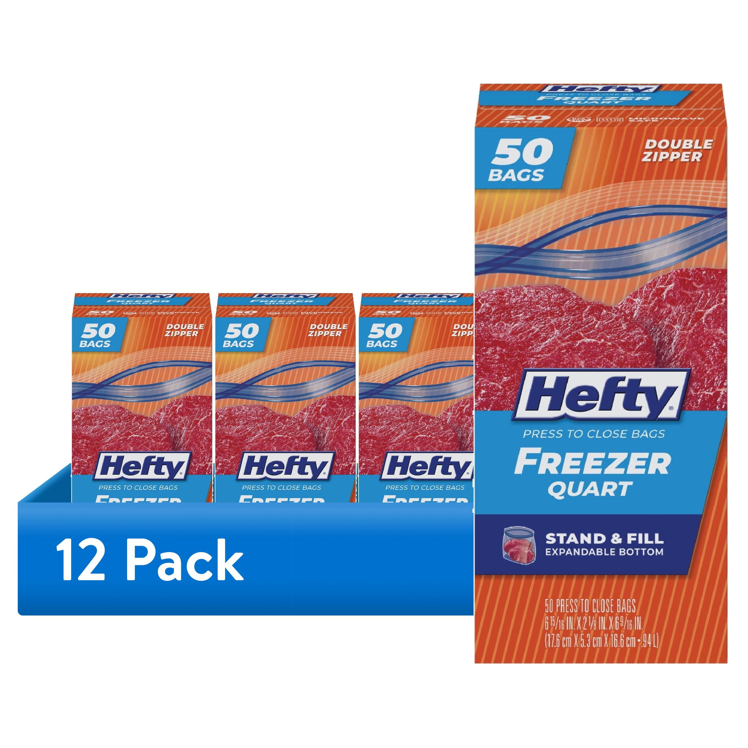 (12 pack) Hefty Press to Close Plastic Freezer Bags, Quart Size, 50 ...
