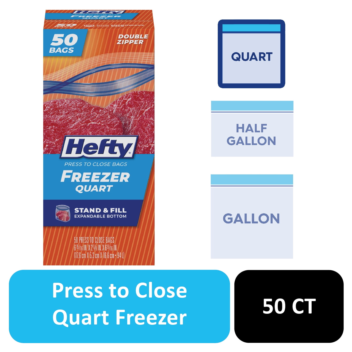 Brandclub - Hefty Press to Close Plastic Freezer Bags, Quart Size, 50 Count