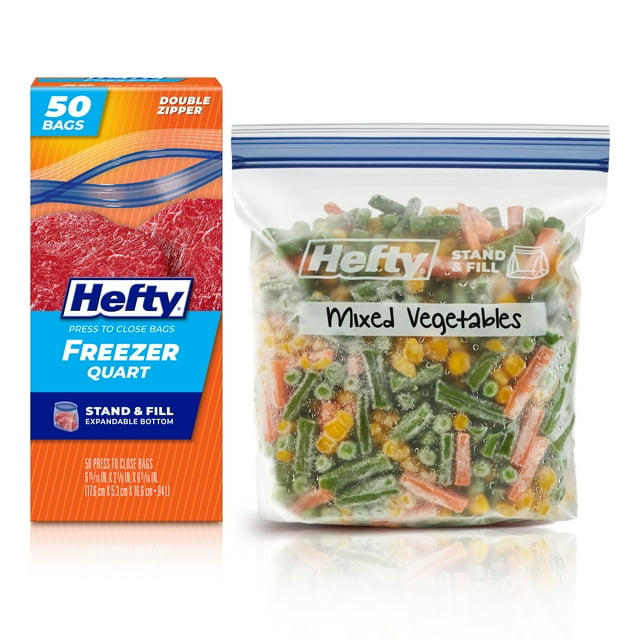 Hefty Press to Close Plastic Freezer Bags, Quart Size, 50 Count ...