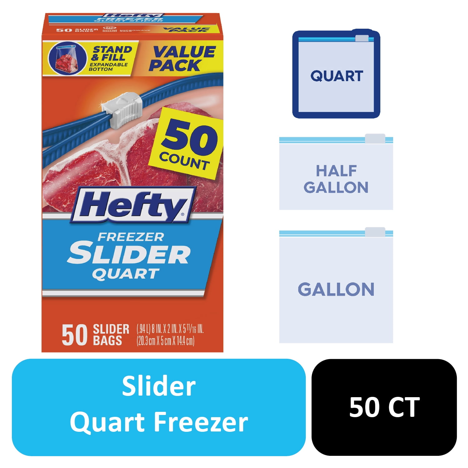 Hefty Slider Freezer Kitchen Storage Bags, Quart Size, 50 Count ...