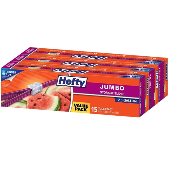 Hefty Slider Jumbo Storage Bags, 2.5 Gallon Size, 45 Plastic Food ...