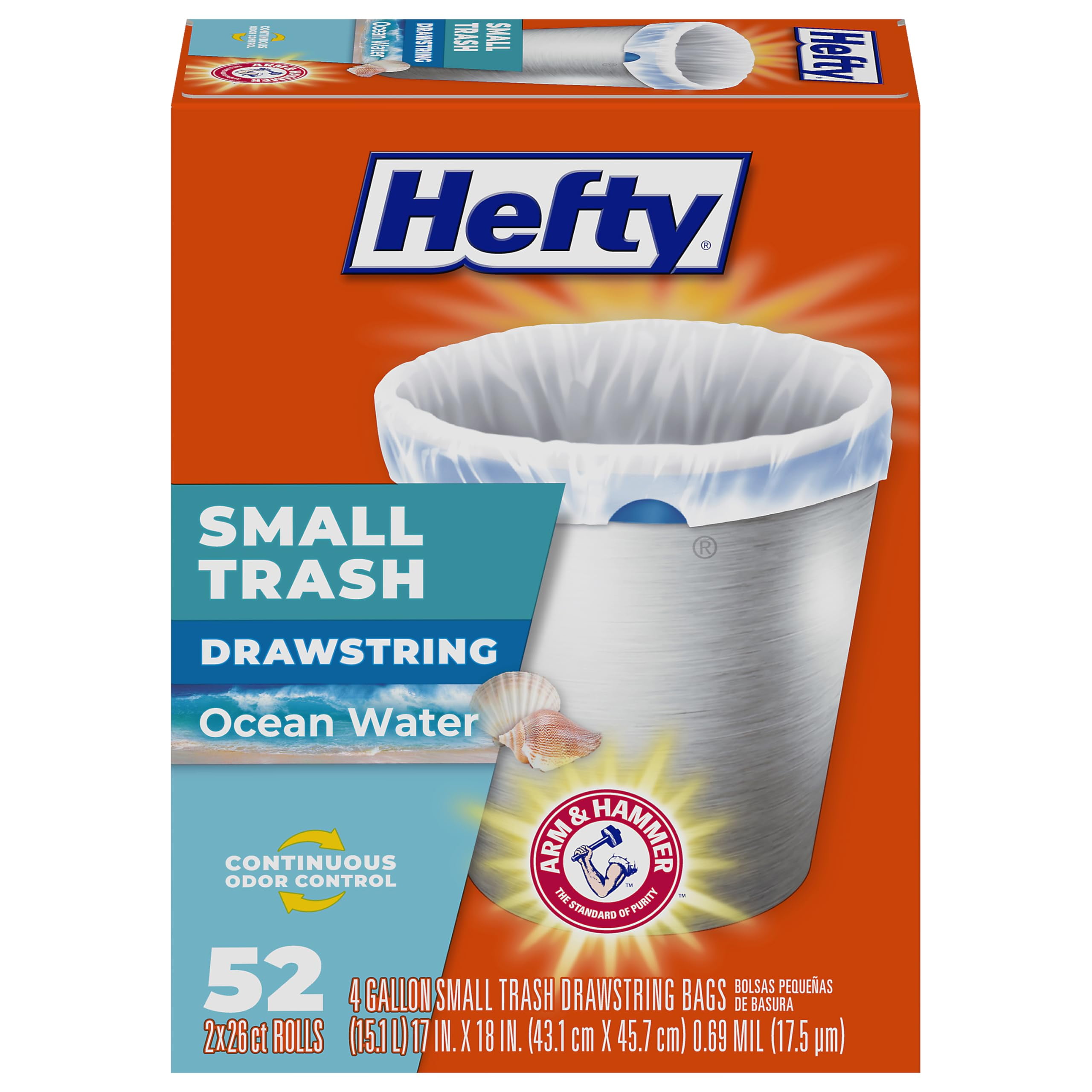 Hefty Small Trash Bags, 4 Gallon, Ocean Water Scent, Drawstring Closure ...