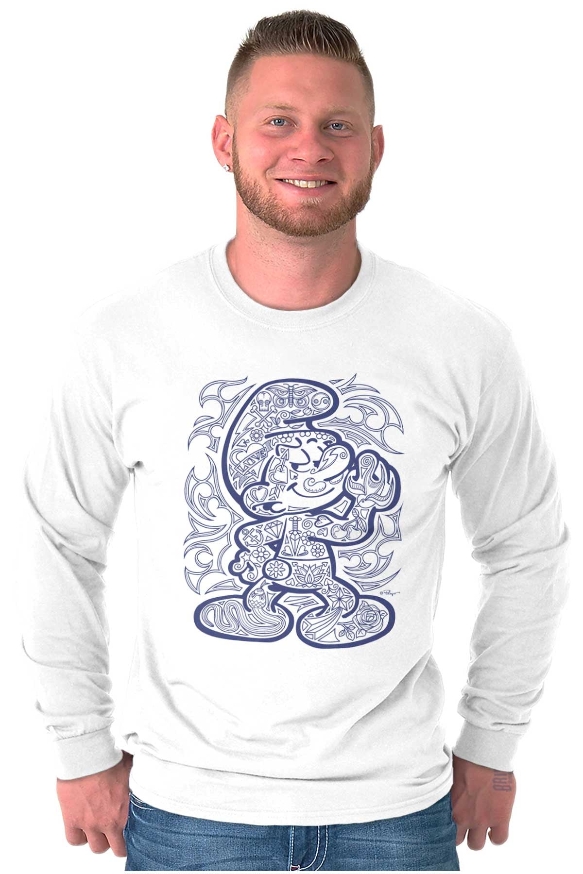 Hefty Smurf Cartoon Tribal Tattoo Unisex Plus Size Long Sleeve Tee ...