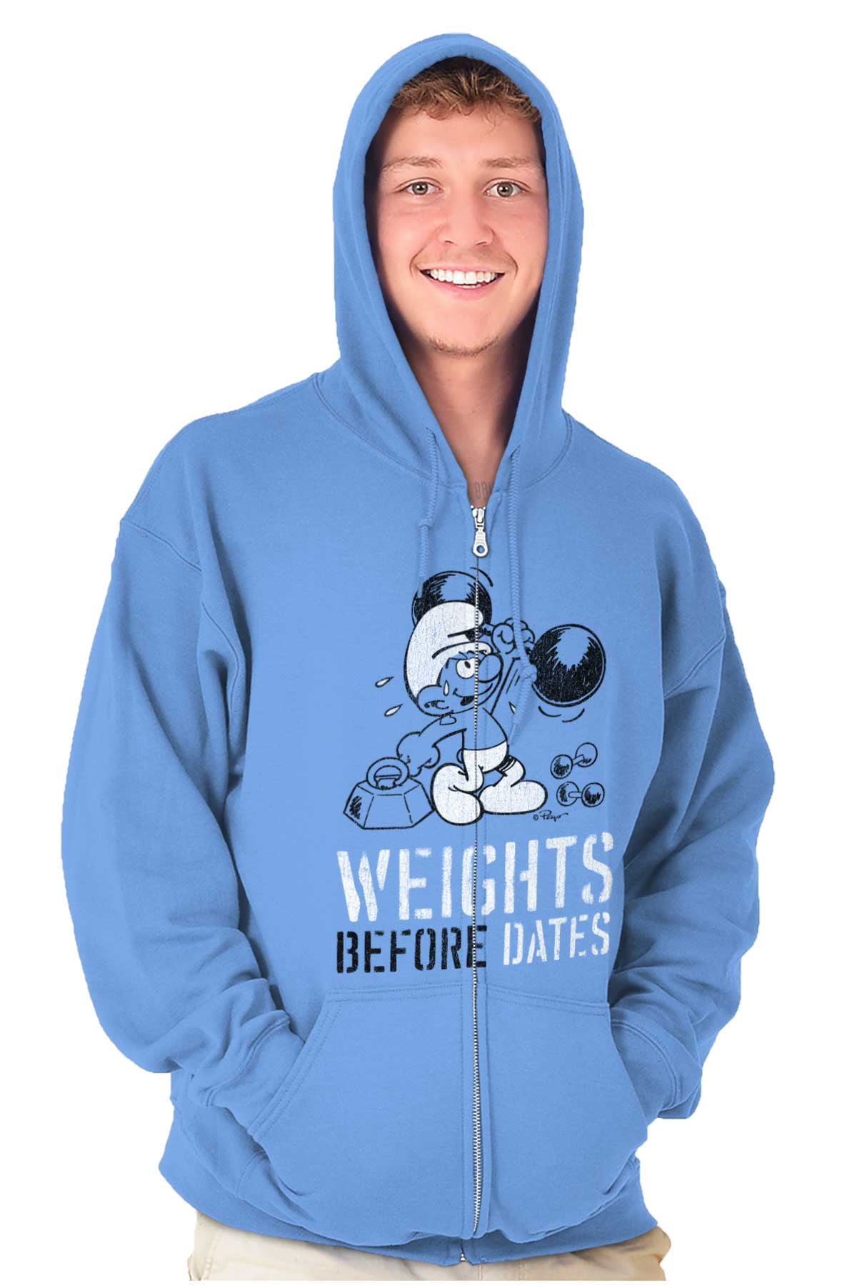 Hefty Smurf Weights Before Dates Gym Zip Hoodie Sweatshirt Men Brisco ...