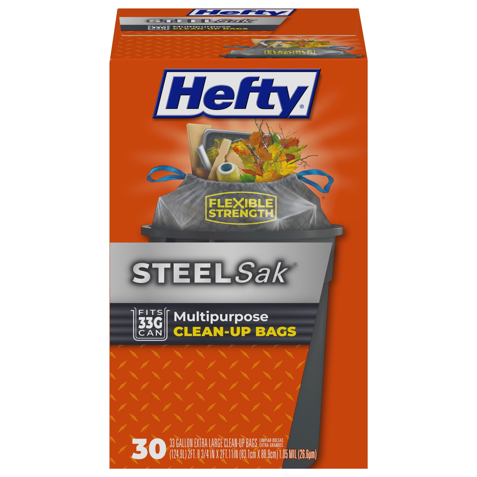 Hefty Steelsak Heavy Duty Large Trash Bags, Gray, Unscented, 33 gallon ...