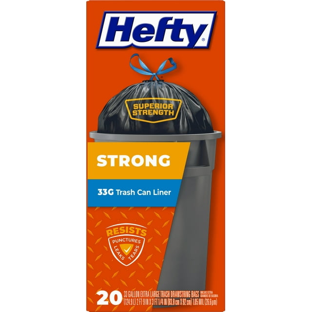 Hefty Strong Extra Large Garbage Sacks, 33 Gallon, Easy Drawstring, 20 ...