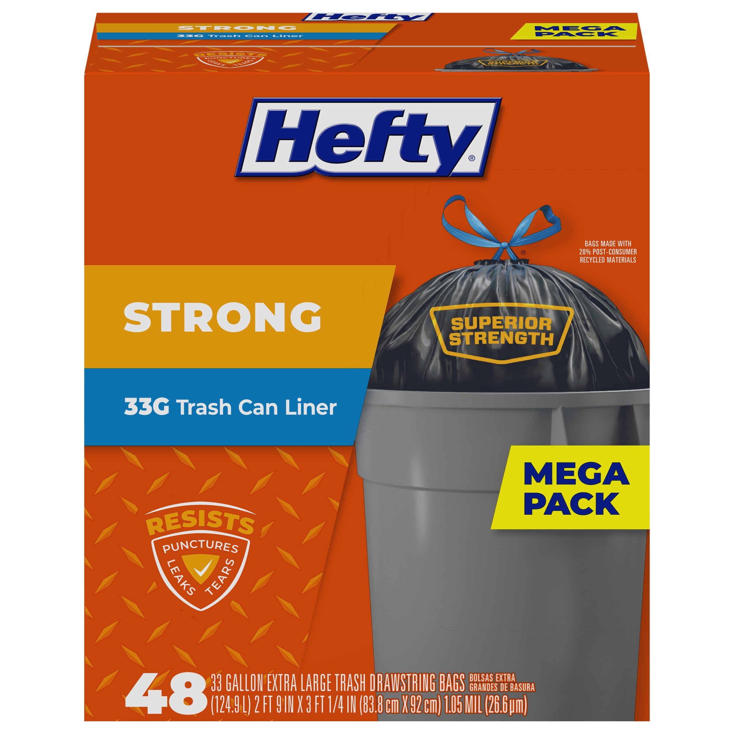 Hefty Strong Extra Large Trash Bags, Black, 33 Gallon, 48 Count ...