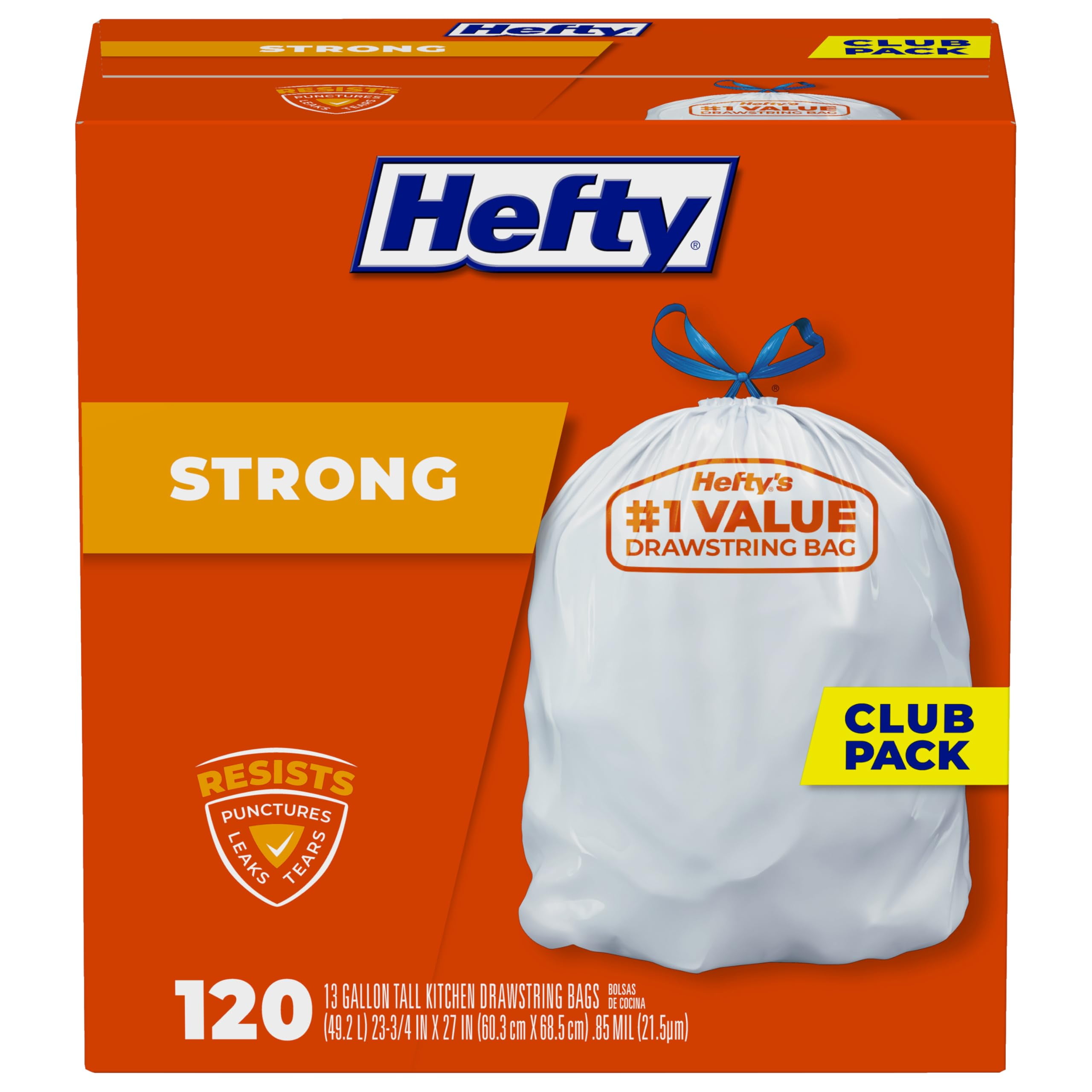 Hefty Strong White 13 Gallon Trash Bags with Drawstrings, Unscented ...