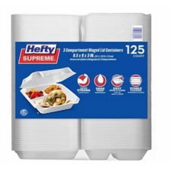 Hefty, Foam 3 Compartment HLC Containers, 125 ct, Hinged Lid - Walmart.com