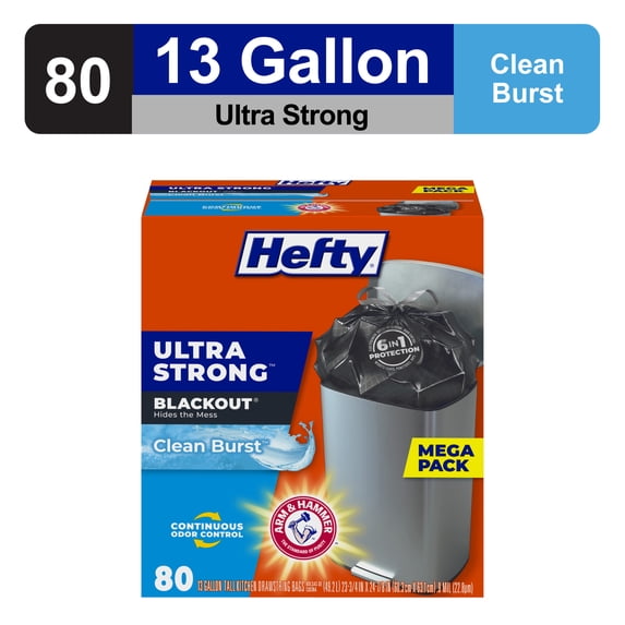 Hefty Ultra Strong Flex Garbage Bags, Clean Burst Scent, 13 Gallon, 80 ...