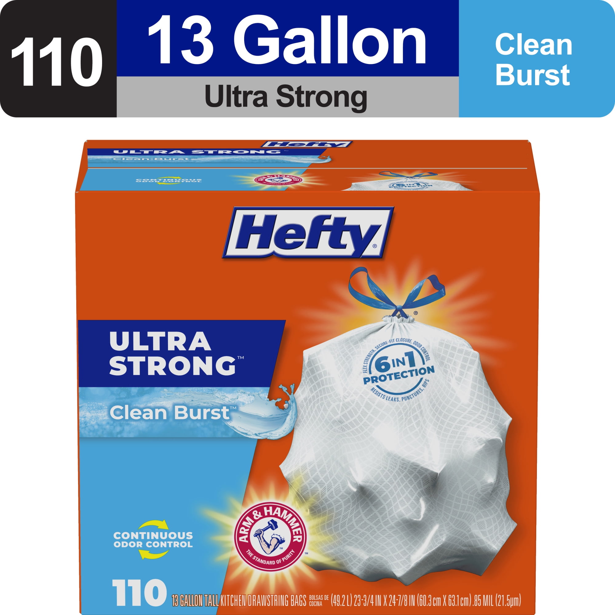 Hefty Ultra Strong 13 gallon Trash Bags, Tall Kitchen Trash Bags, White, Clean Burst Scent, 110 ...