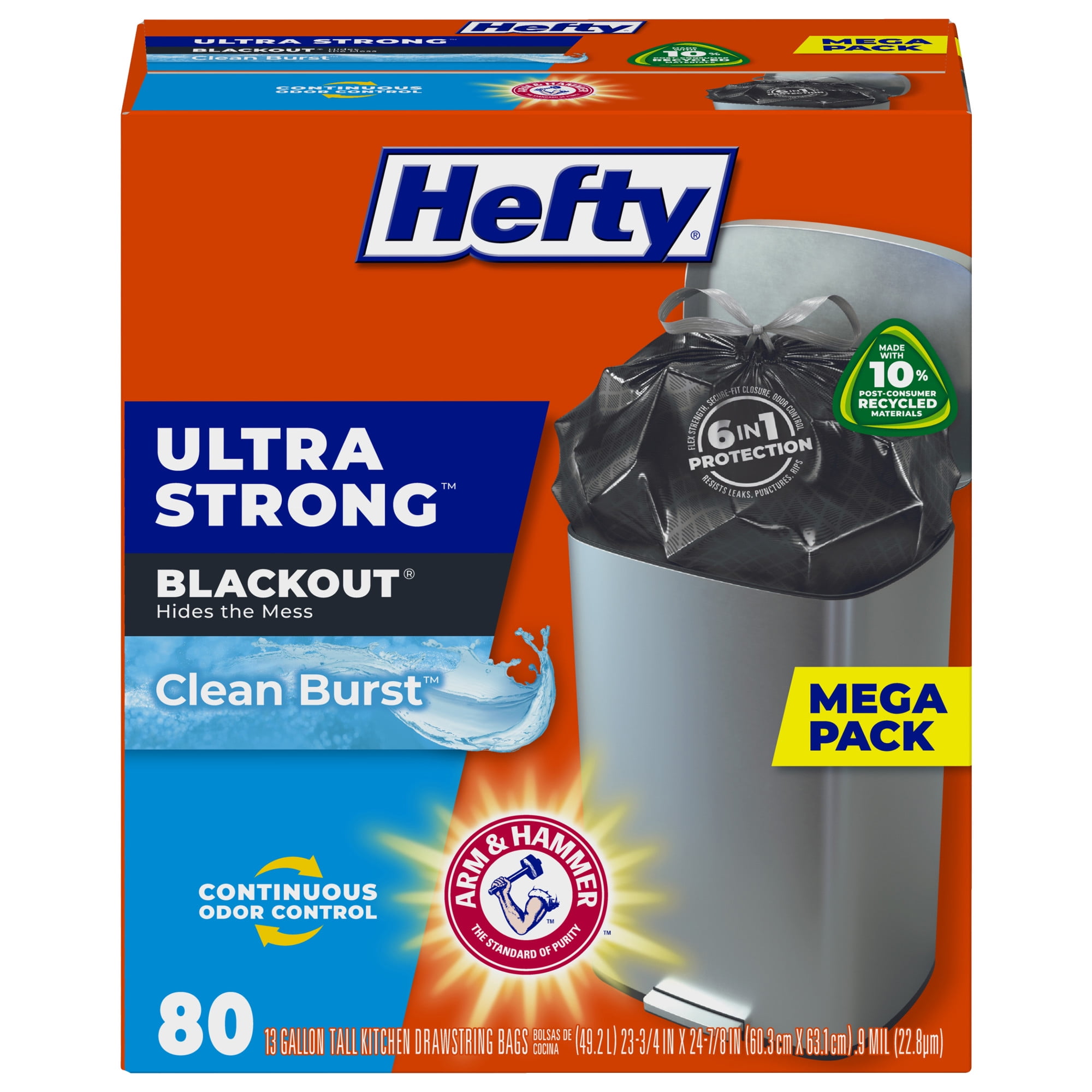 Hefty Ultra Strong Flex Garbage Bags, Clean Burst Scent, 13 Gallon, 80 ...