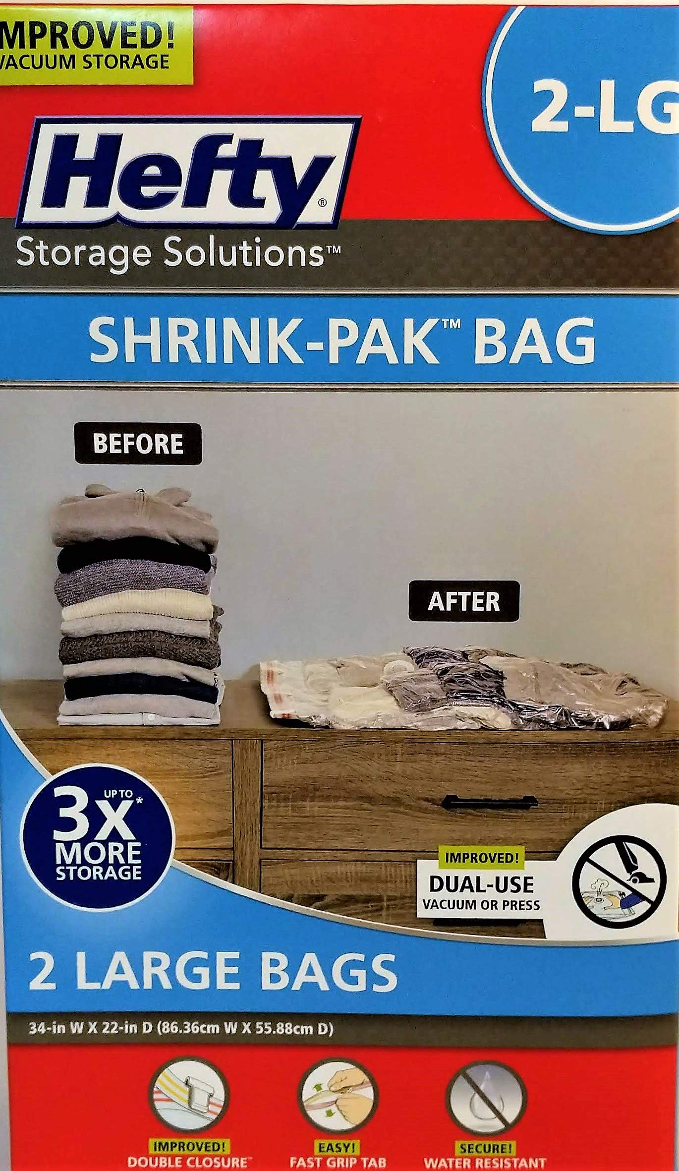 Hefty Vacuum Seal SHRINK-PAK BAG , 34" x 22", 2 Large Bags (Large) C33 ...