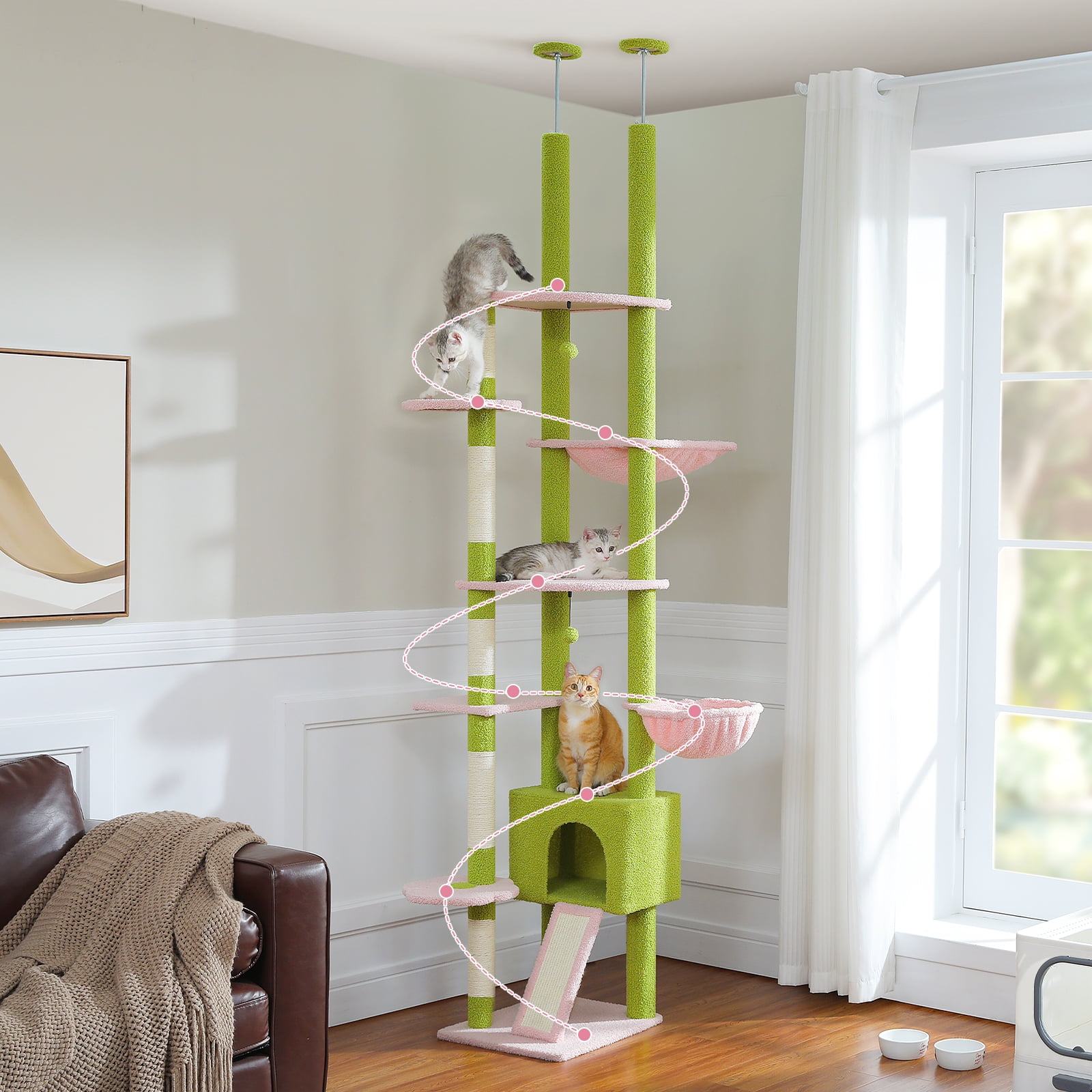 Height 230-252CM Cactus Cat Tree Floor to Ceiling with Green Leaves ...