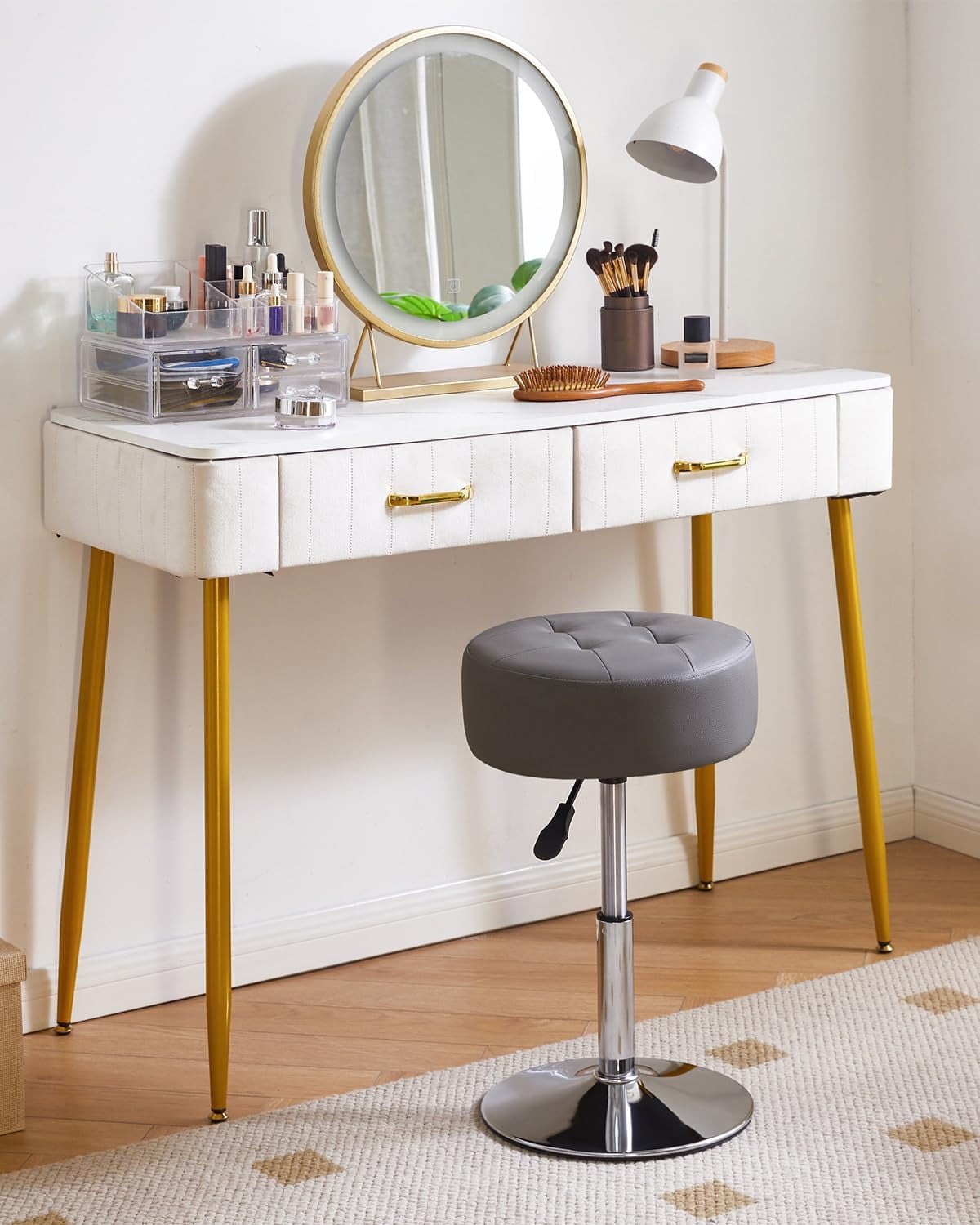 Height Adjustable 360 ° Swivel Vanity Stool, Tufted Round Vanity Chair ...