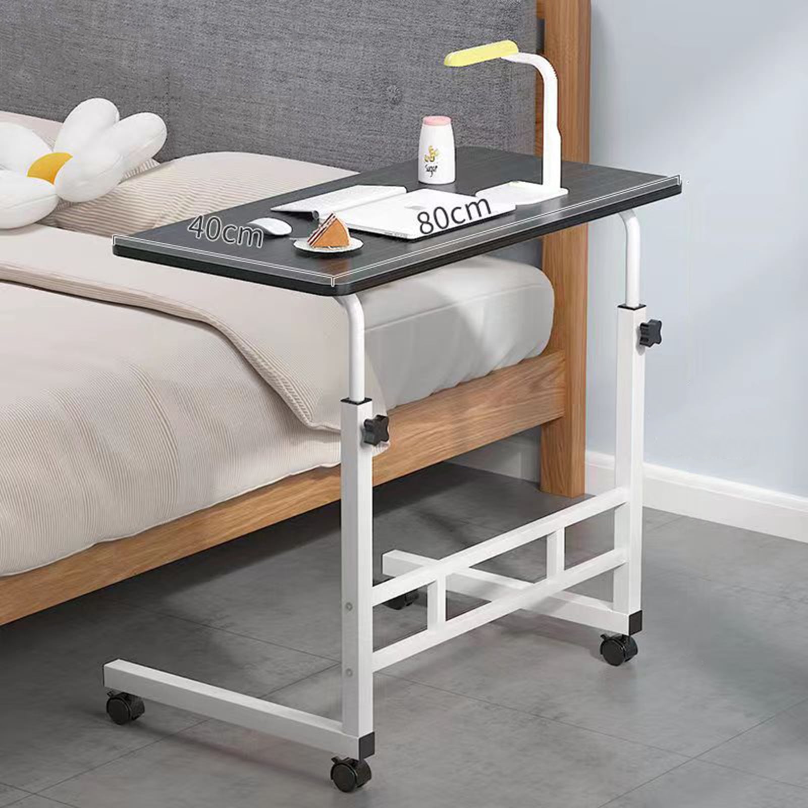 Height Adjustable Bedside Table with Wheels Portable Overbed TV Tray Table Movable Hospital Home ...