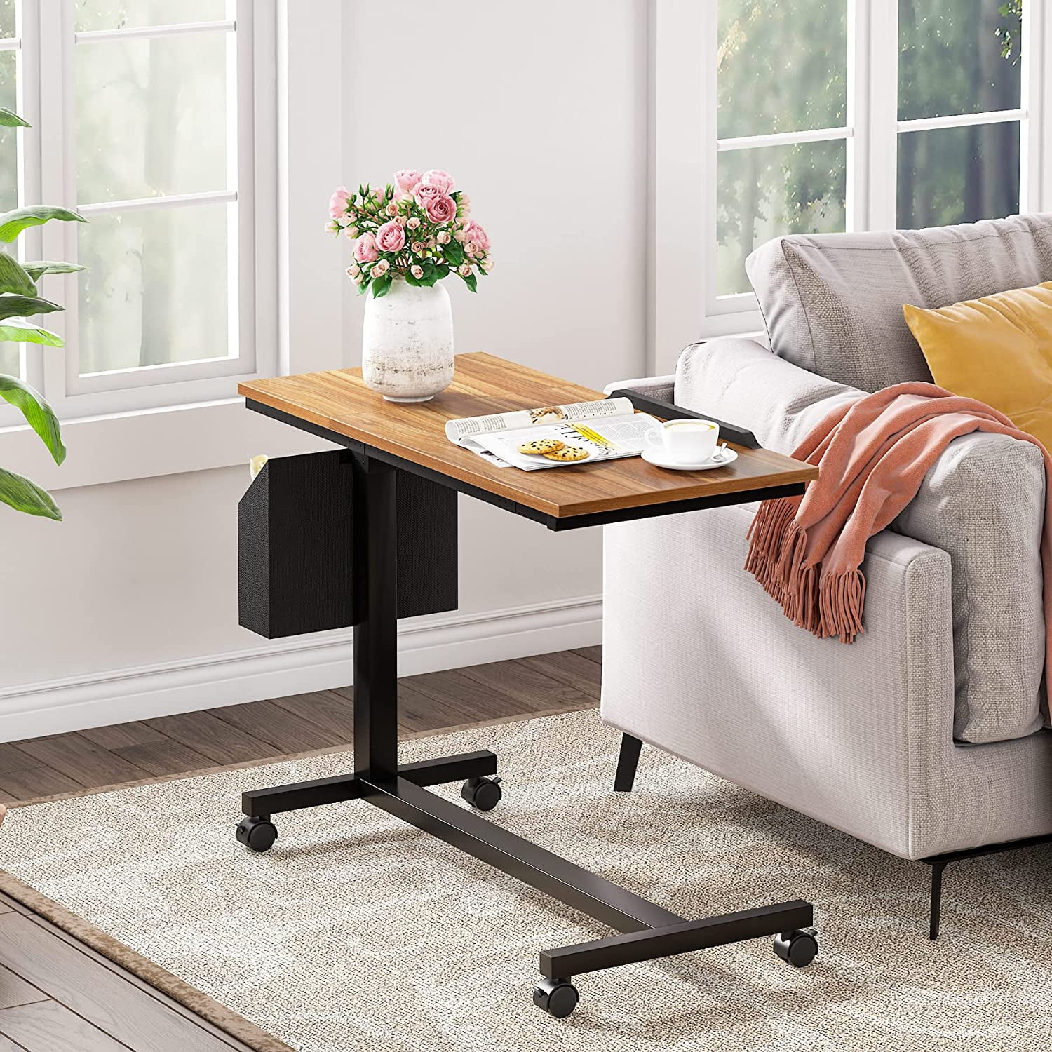 Height Adjustable C Shaped End Table with Wheels and Side Pocket ...