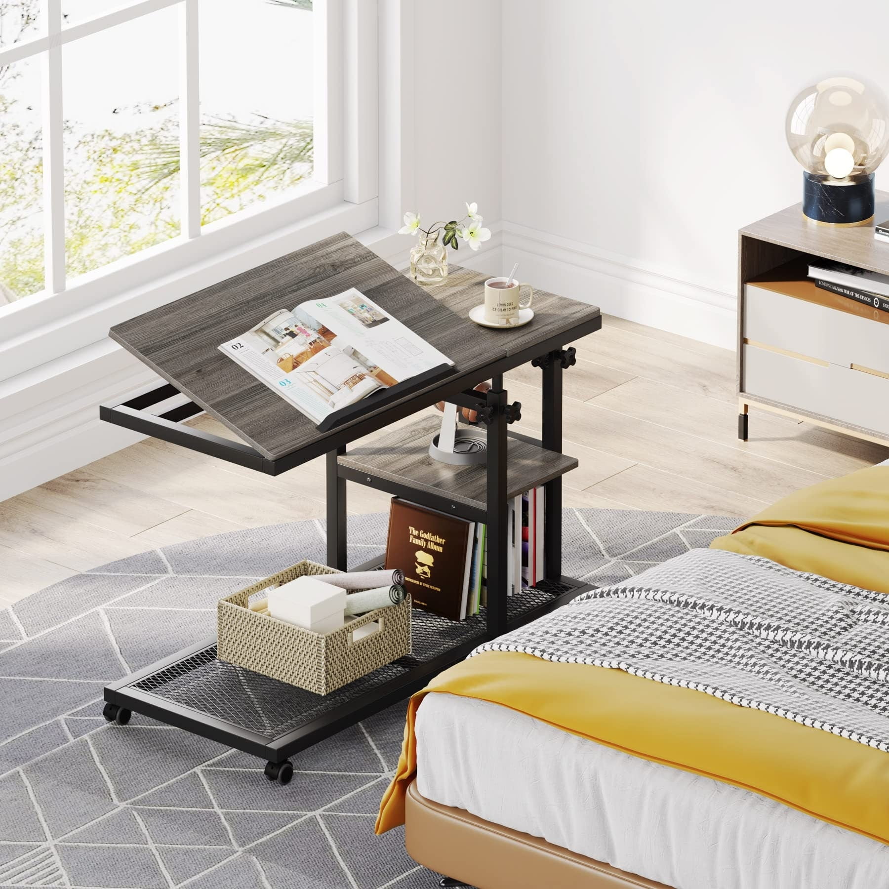Height Adjustable C Side Table with Wheels, Sofa Bedside Laptop Desk ...
