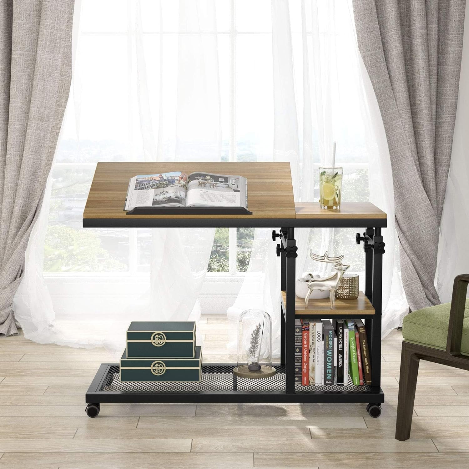 Height Adjustable C Table with Wheels, Mobile Couch Snack Side Table ...