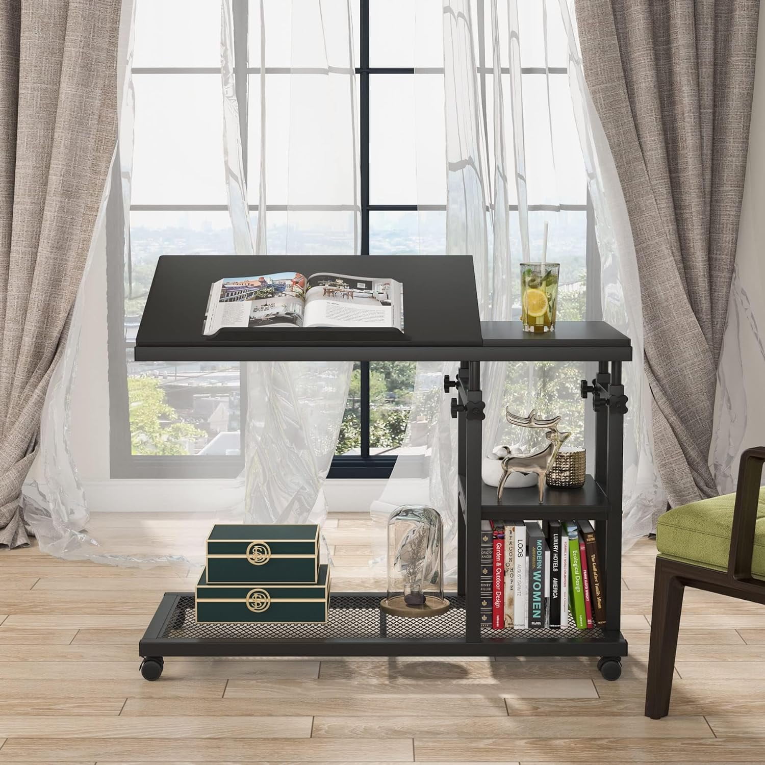 Height Adjustable C Table with Wheels, Mobile Couch Snack Side Table ...