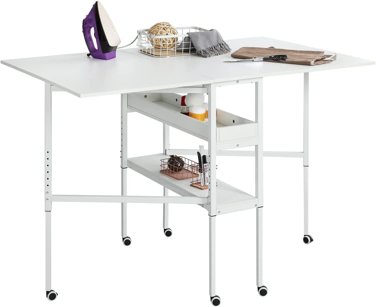 Height Adjustable Craft Table with Storage Shelves, Mobile Folding ...
