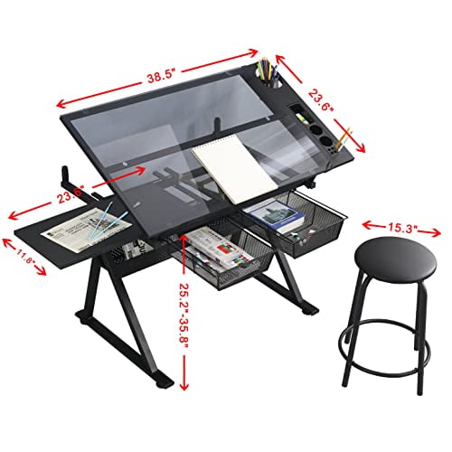 Height Adjustable Drafting Table - Modern Tempered Glasses Artist ...