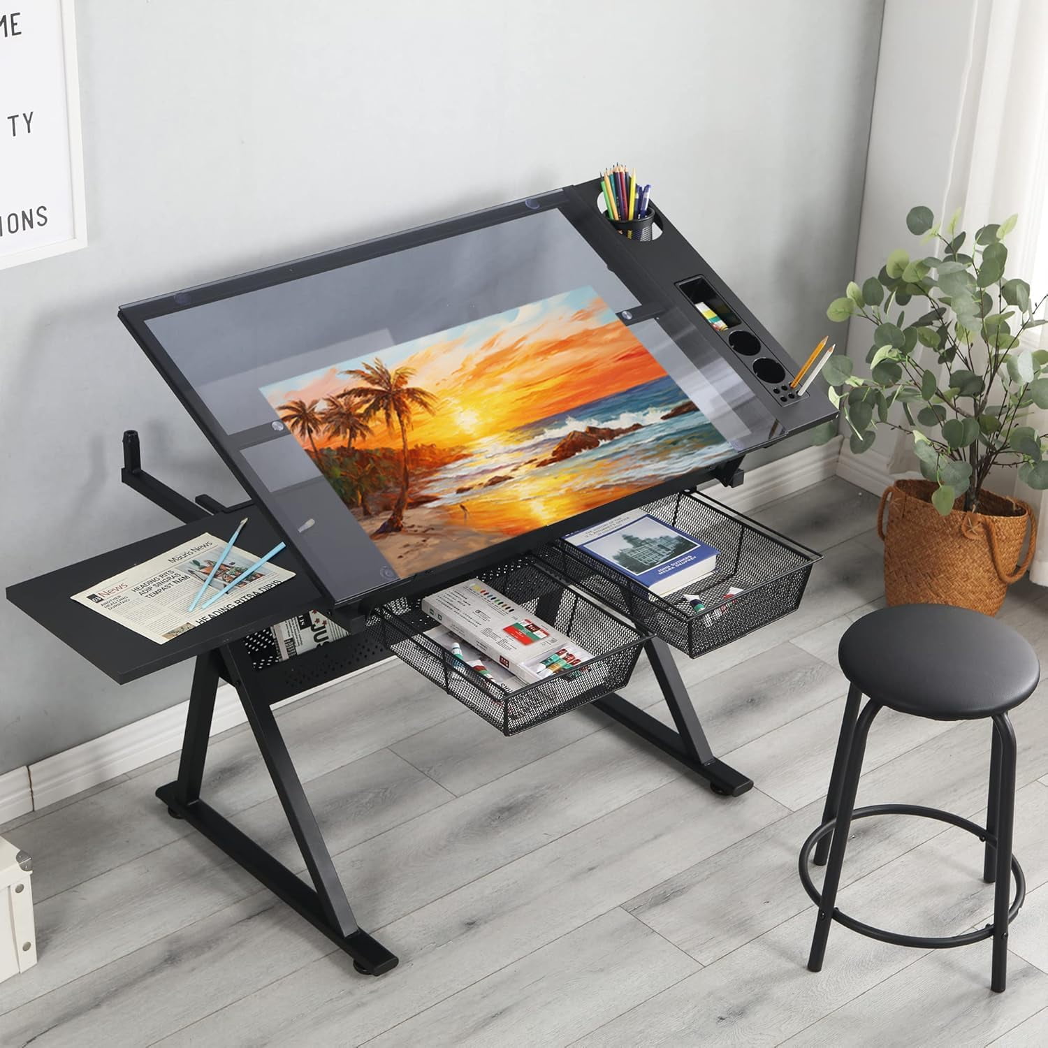 Height Adjustable Drafting Table - Modern Tempered Glasses Artist ...