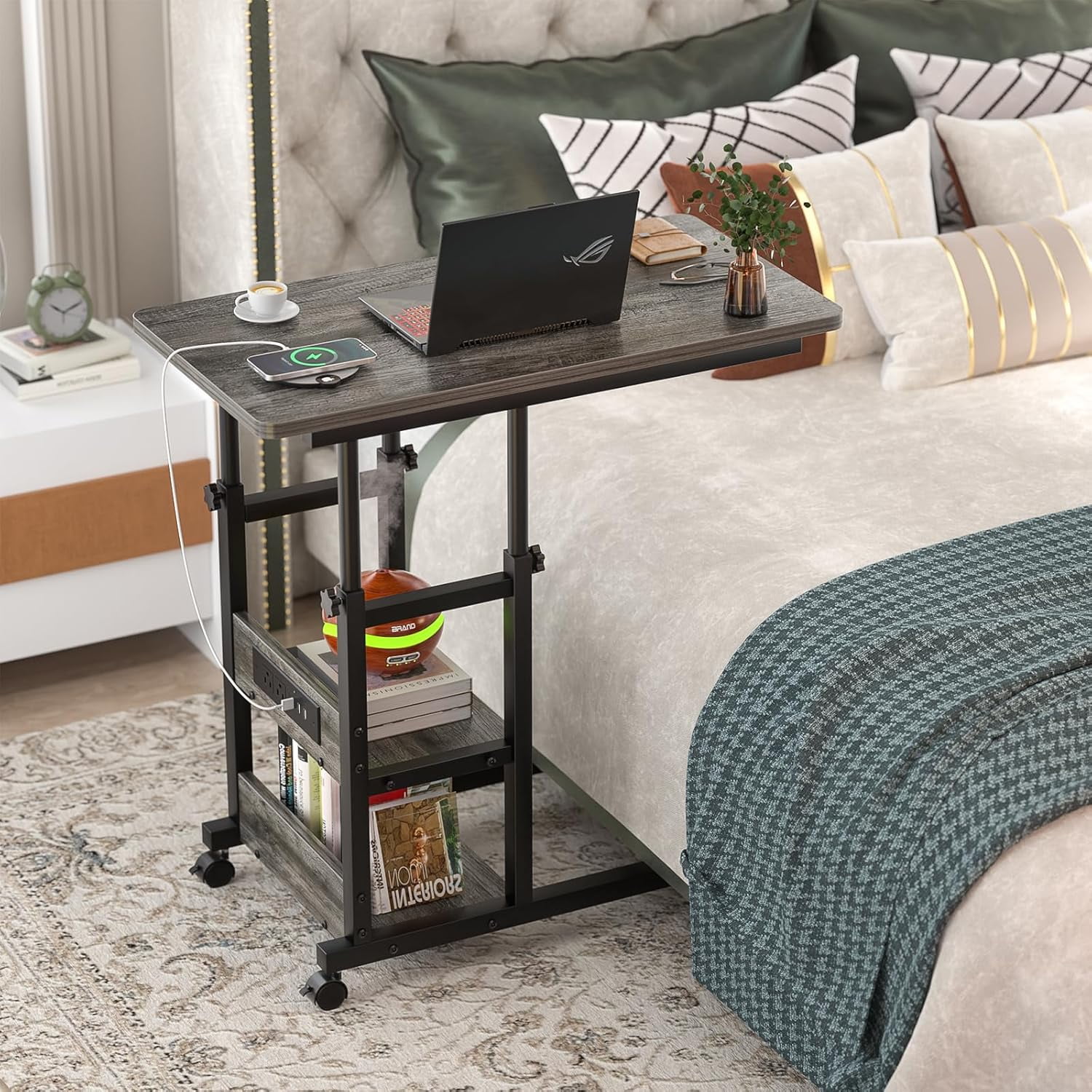 Height Adjustable End Table with Charging Station, Mobile C Shaped ...