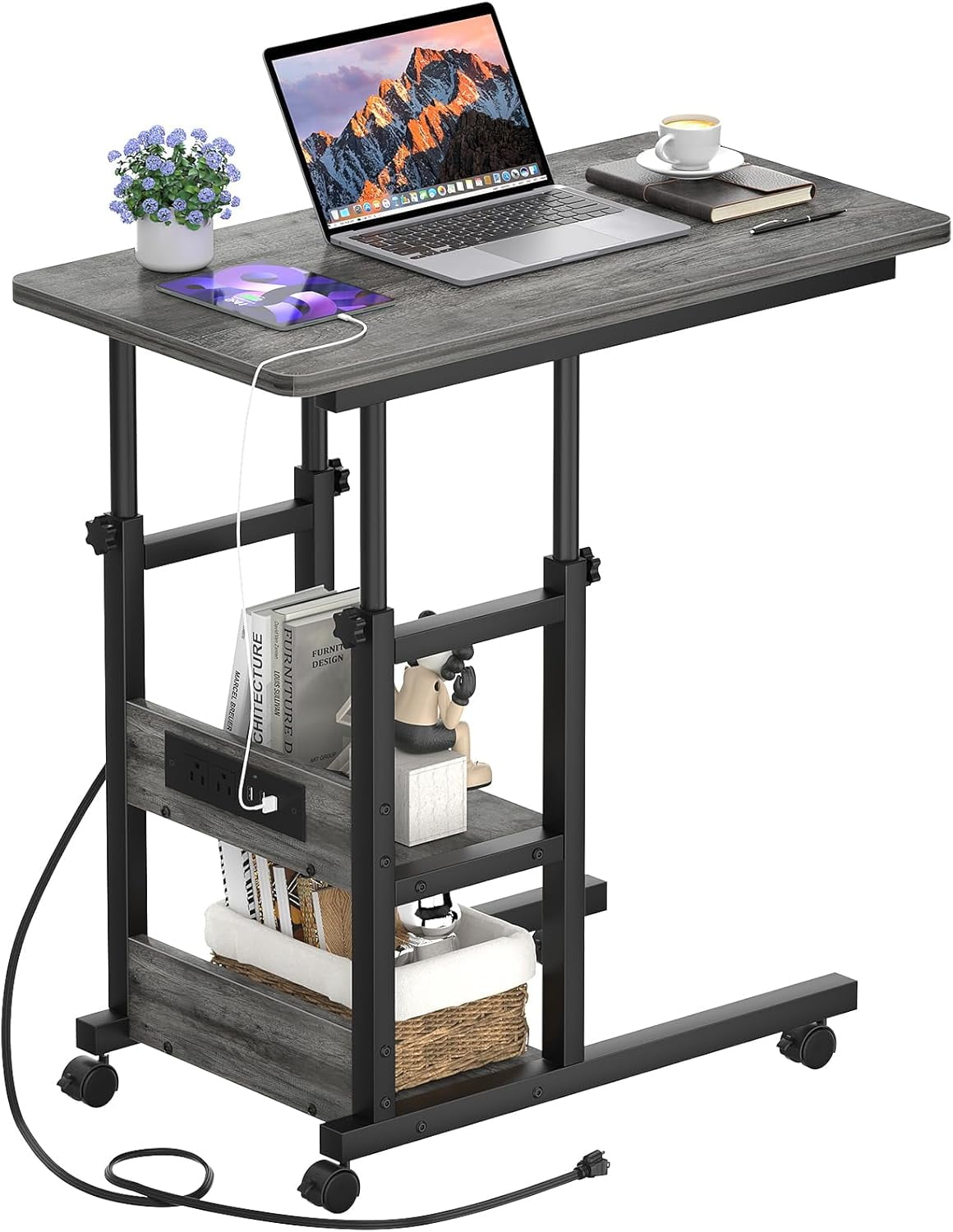 Height Adjustable End Table with Charging Station, Mobile C Shaped ...