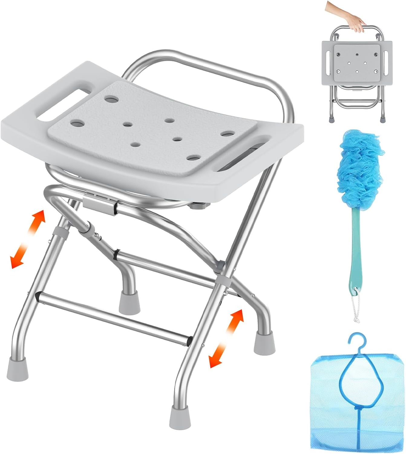 Height Adjustable Folding Shower Chair w/Crossbar, 400lbs Stainless ...