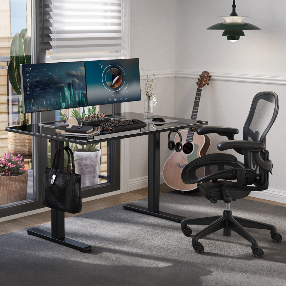 40'' Height Adjustable Glass Top Metal Base Standing Desk, Black ...