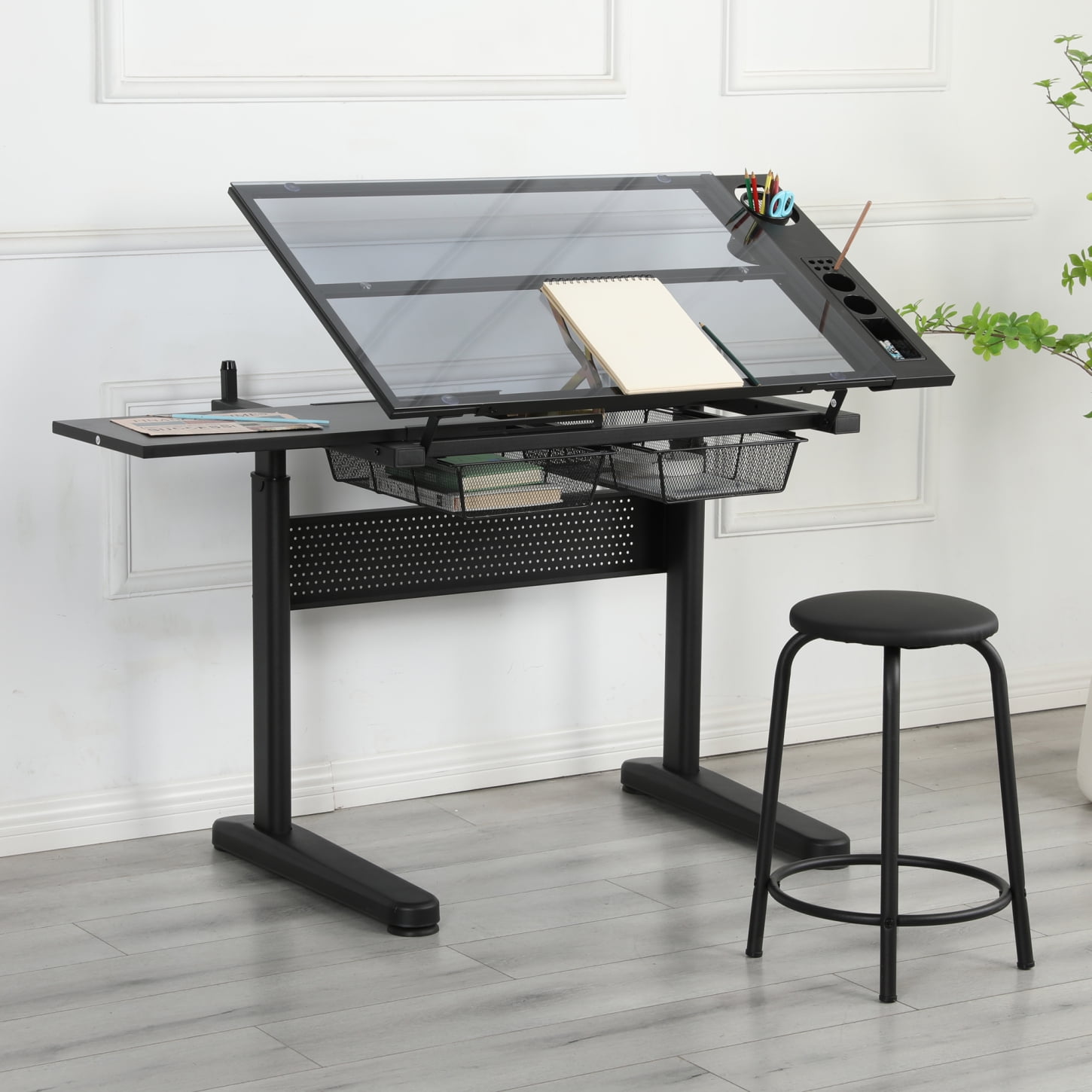 Height Adjustable Glass Topped Drafting Table, Drawing Desk with ...