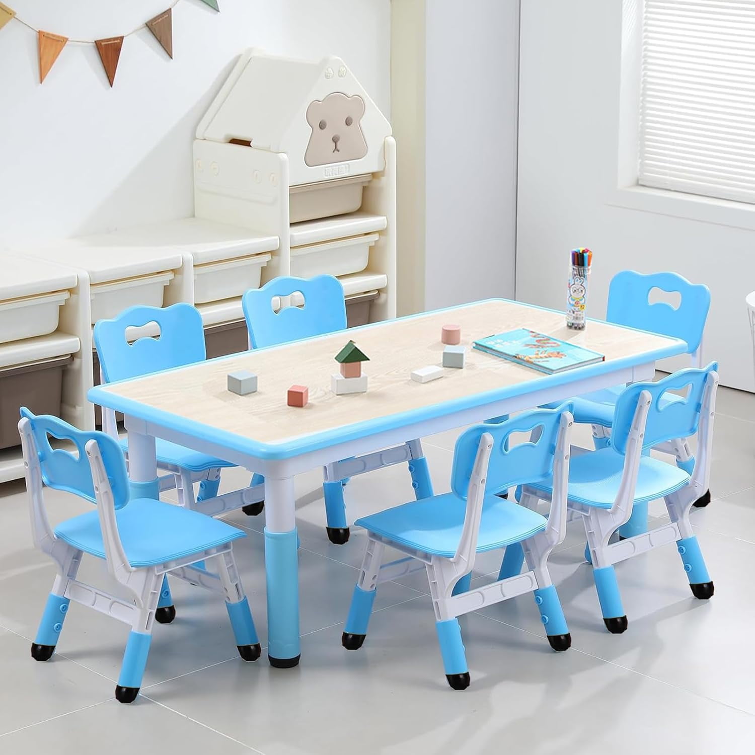 Height Adjustable Kids Table and 6 Chair Set - Multifunctional Desk ...