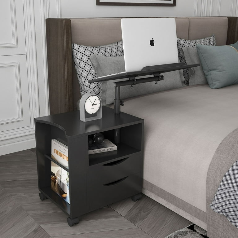 Height Adjustable Overbed End Table Wooden Nightstand with Swivel Top and Storage Drawers Multifunctional Bedside Table with Wheels and Open Shelf for Bedroom Living Room Dorm Black Walmart