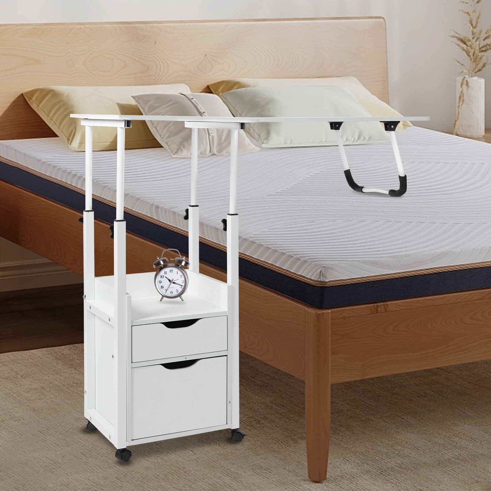 Height Adjustable Overbed Table with Foldable Top Panel & Storage ...