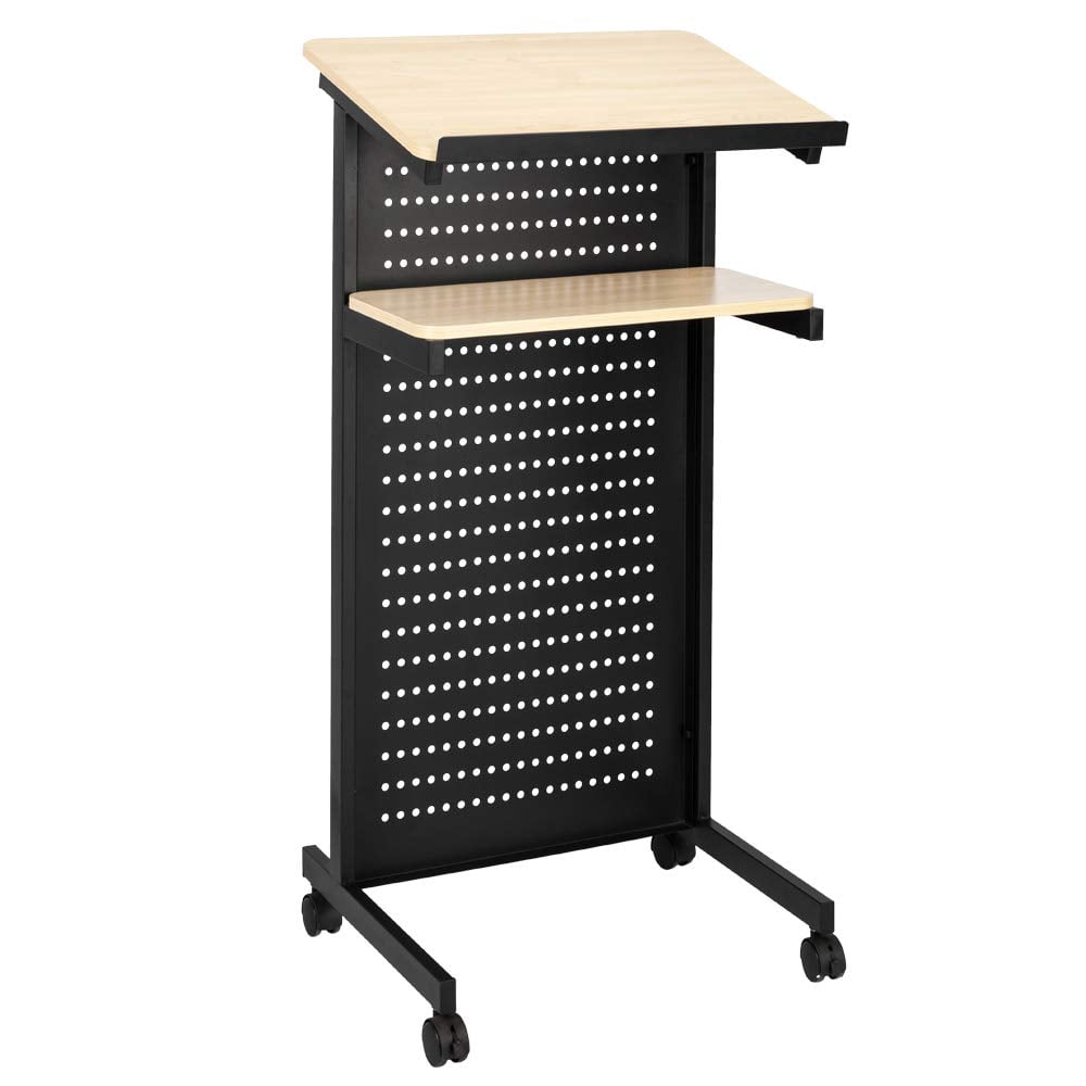 Height Adjustable Portable Podium Stand, Wheeled Lectern with Storage ...