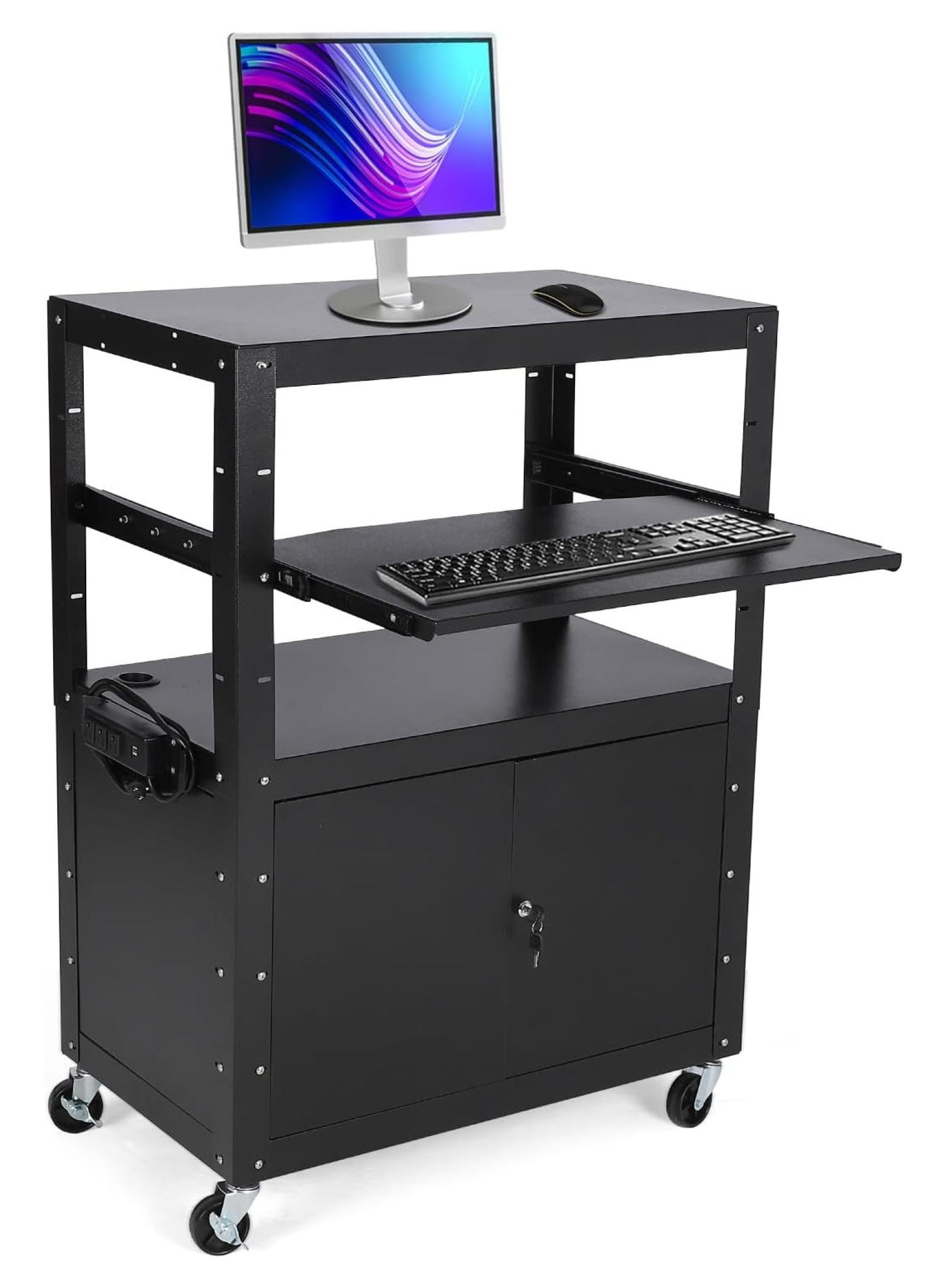 Height Adjustable Rolling AV Cart with Lockable Cabinet, Sturdy Steel ...