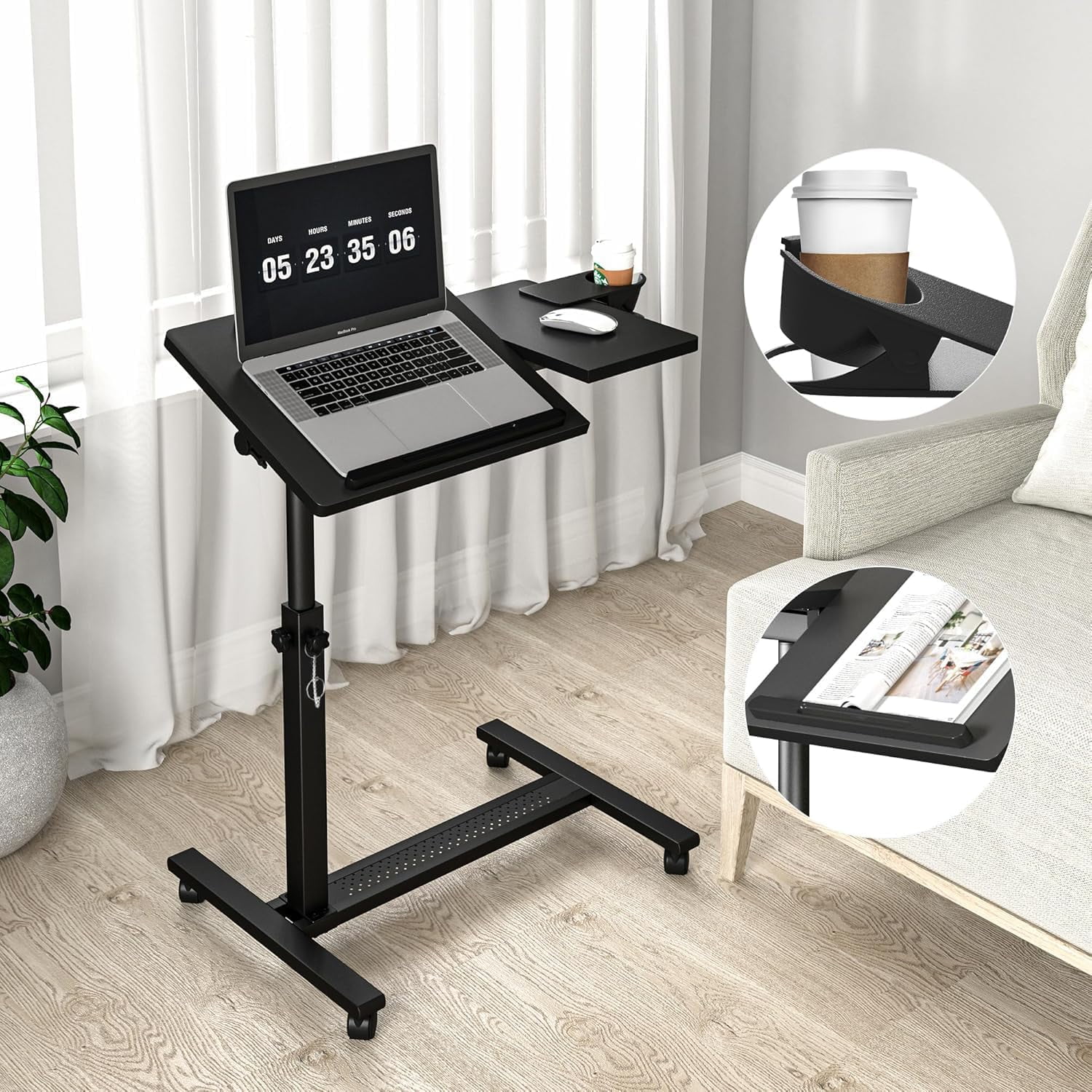 Height Adjustable Rolling Laptop Stand, Overbed Table with 2 Tilting ...