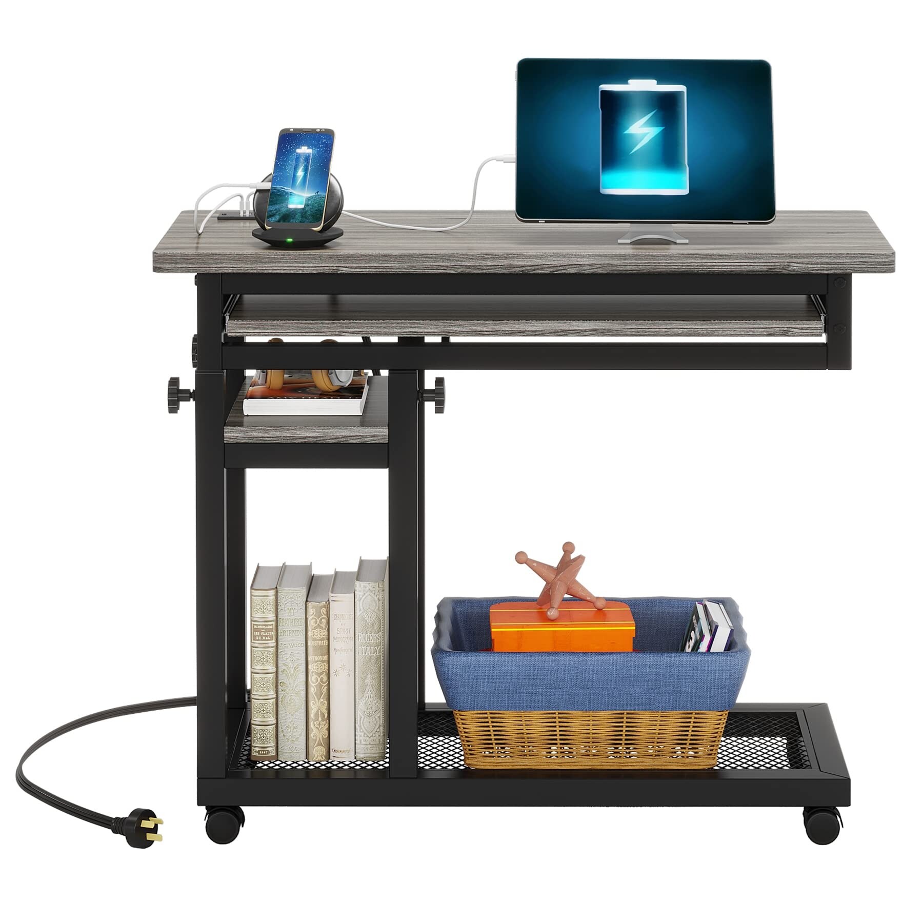 Height Adjustable Small Portable Desk, C Side Table with Outlet and USB ...