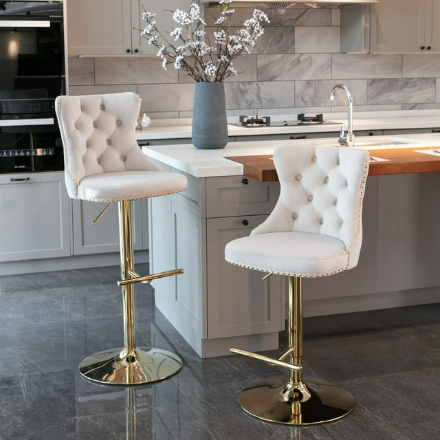Adjustable Velvet Swivel Bar Stools Set of 2, High Back with Tufted ...