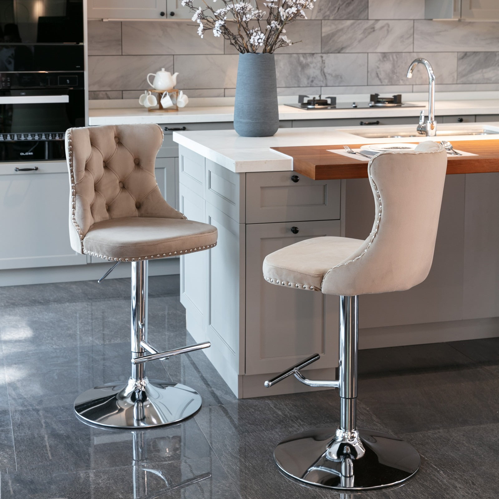 Height Adjustable Swivel Bar Stools Set of 2, Velvet High Back Counter ...