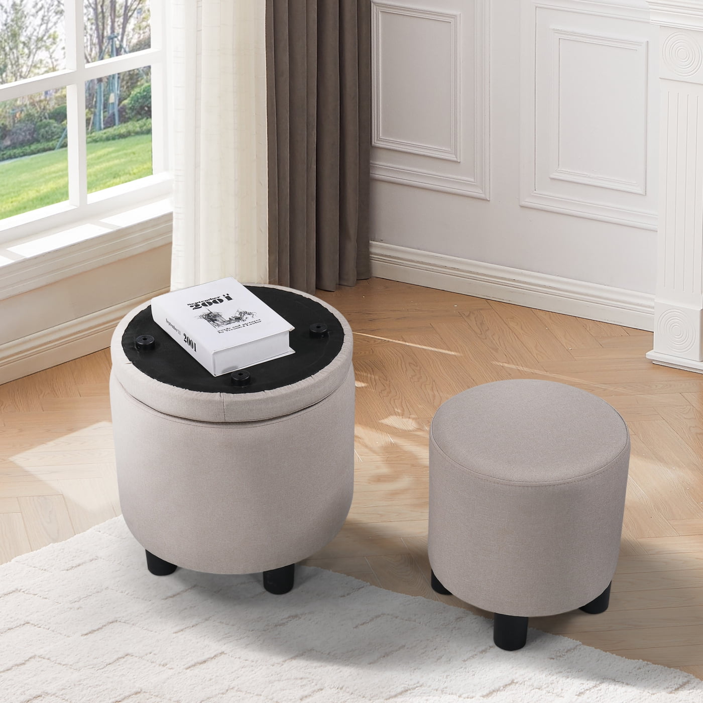 Height Round Storage Ottoman set, Modern Linen Fabric Cushion Footstool ...