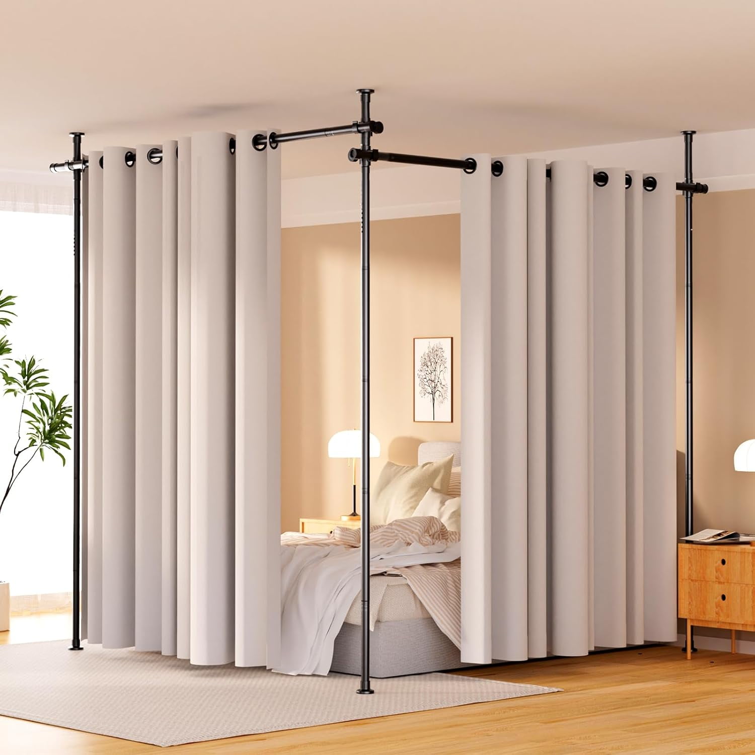 Height and Width Adjustable Room Divider, No-Drill Tension Curtain Rod ...