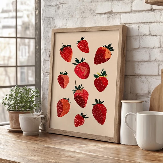 Heirloom Strawberries Wall Art, Minimalist Retro Kitchen Fruit Decor ...