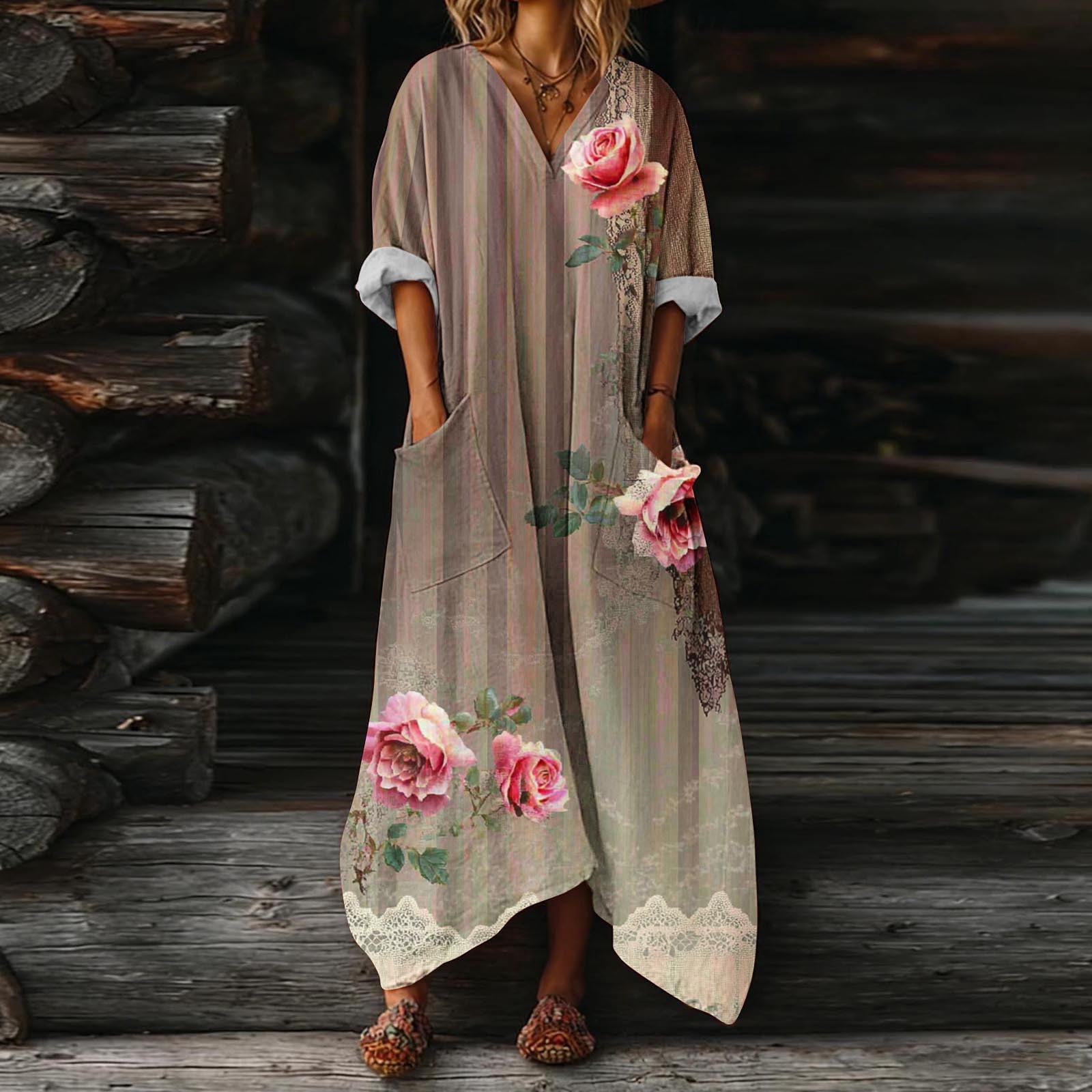 Heisall 2026 Spring Summer Boho Floral Printed Linen Maxi Dress V Neck ...